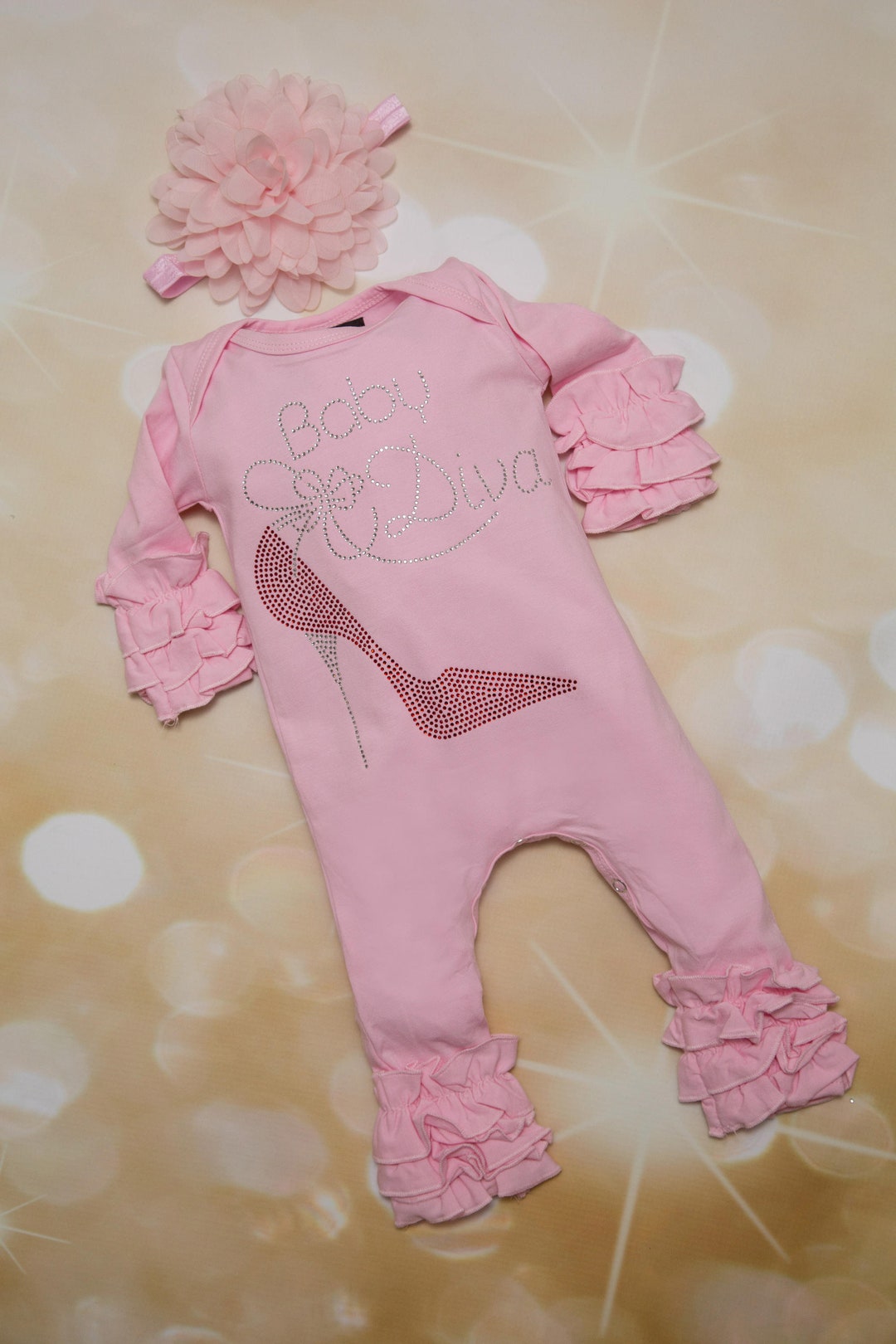 Baby Diva Infant Pink Ruffled Layette Cotton Baby Romper With Large ...