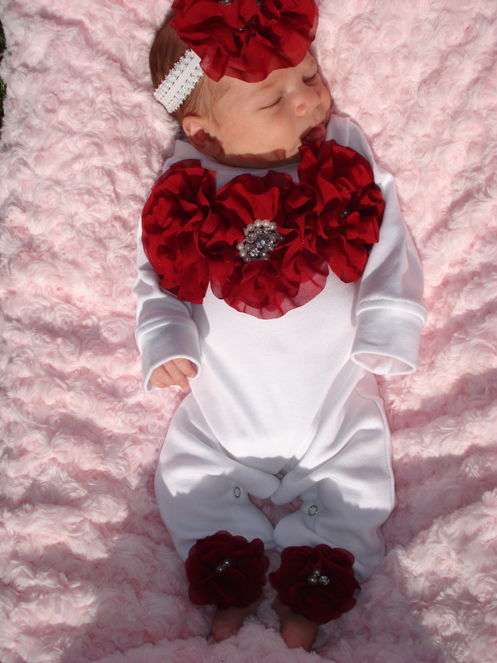 White Baby Girl Romper Set Infant One Piece Set With Burgundy - Etsy