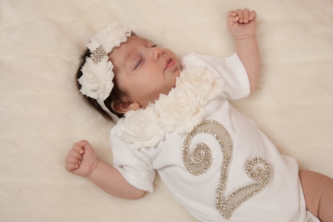 2 Month Baby Girl Rhinestone One Piece Bodysuit, Chiffon Headband Set ...