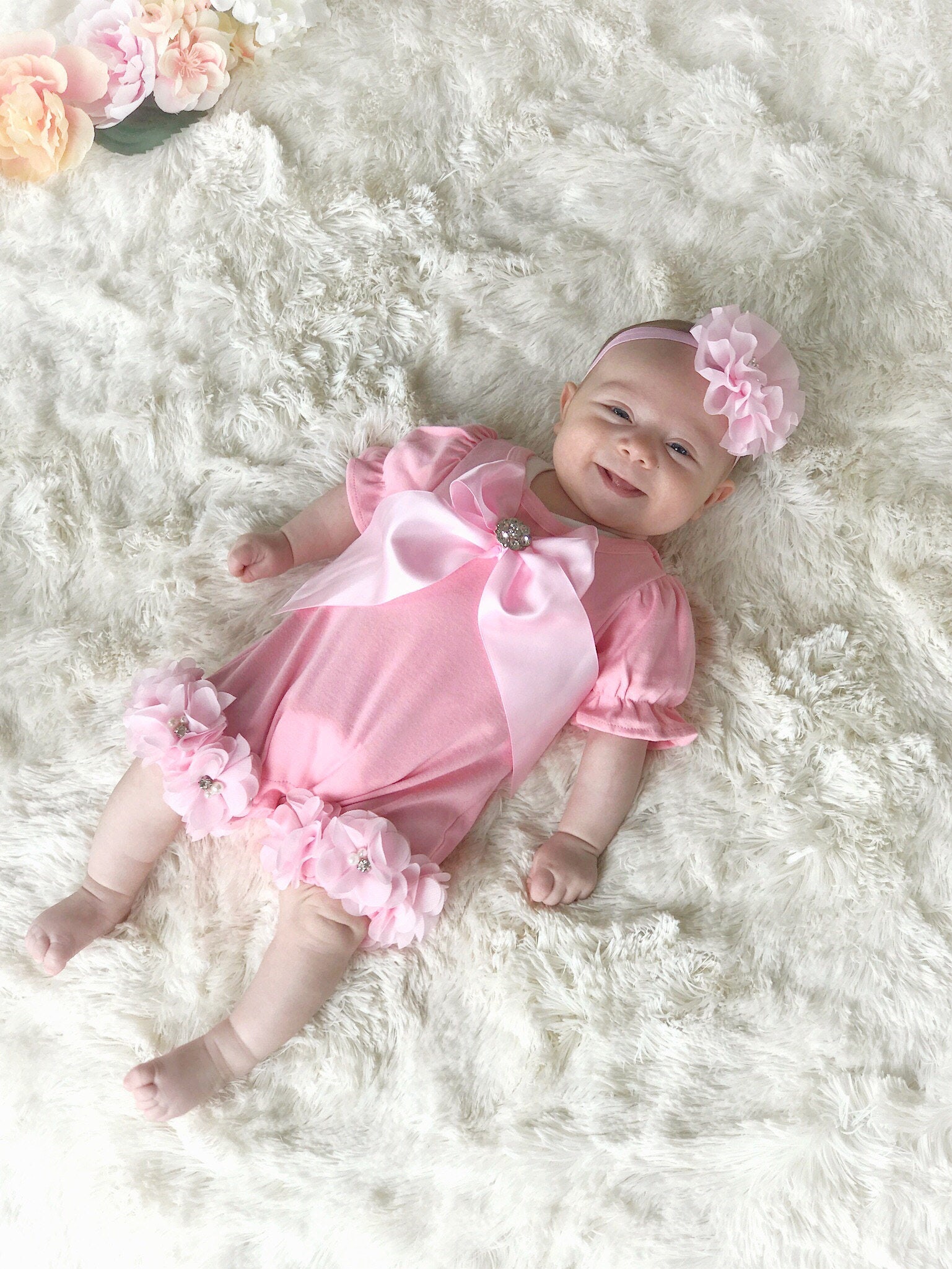 Pink Baby Girl Romper Set Infant One Piece With Large Satin | Etsy
