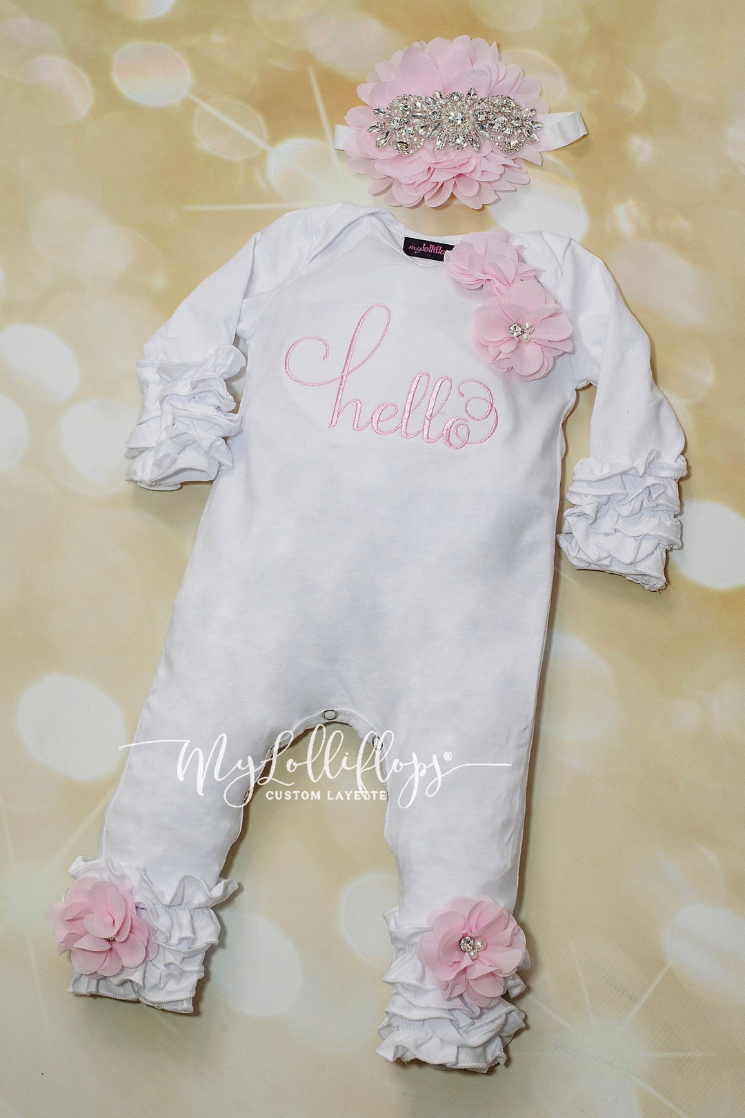 Baby Girl Ruffle White Infant Layette Cotton Romper With Large Hello ...