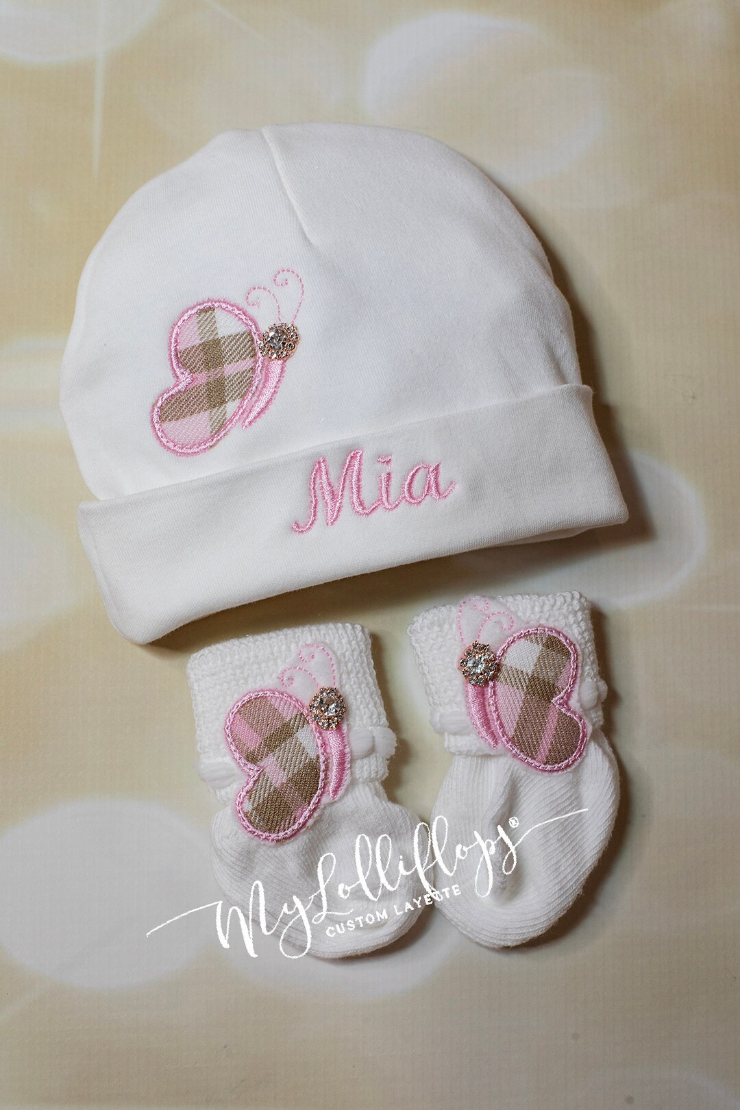 Baby Girl White Personalized Butterfly Beanie Hat With Rhinestone and ...