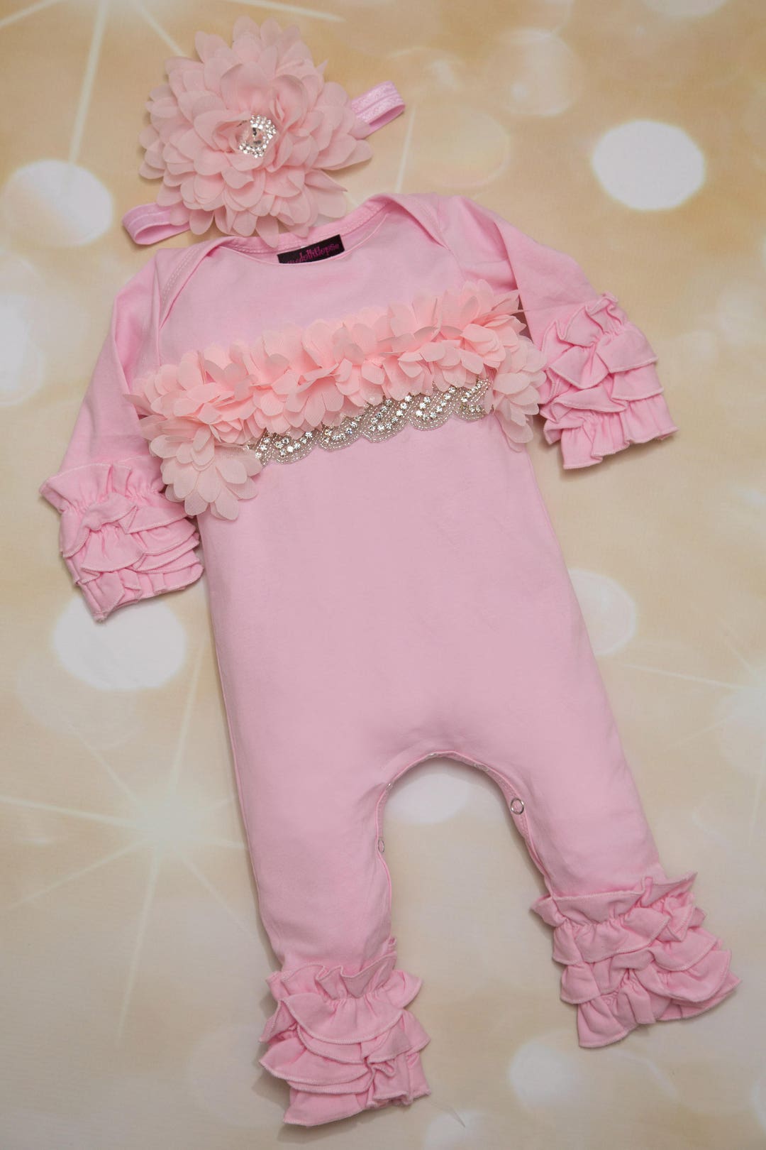 Baby Girl Ruffle Pink Infant Layette Cotton Baby Romper With Rhinestone ...