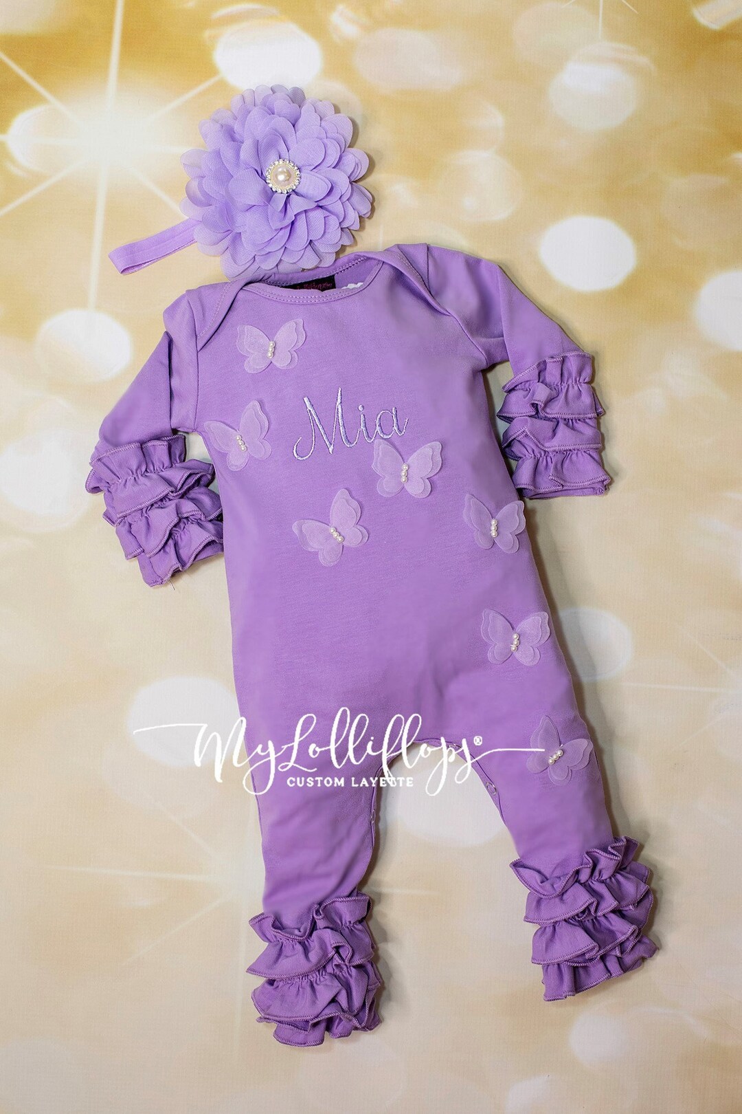 Personalized Custom Baby Girl Ruffle Lavender Infant Layette Cotton ...
