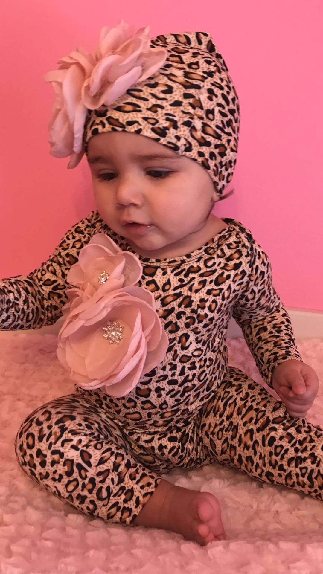Infant Leopard Layette Cotton Baby Romper With Large Flower on the ...