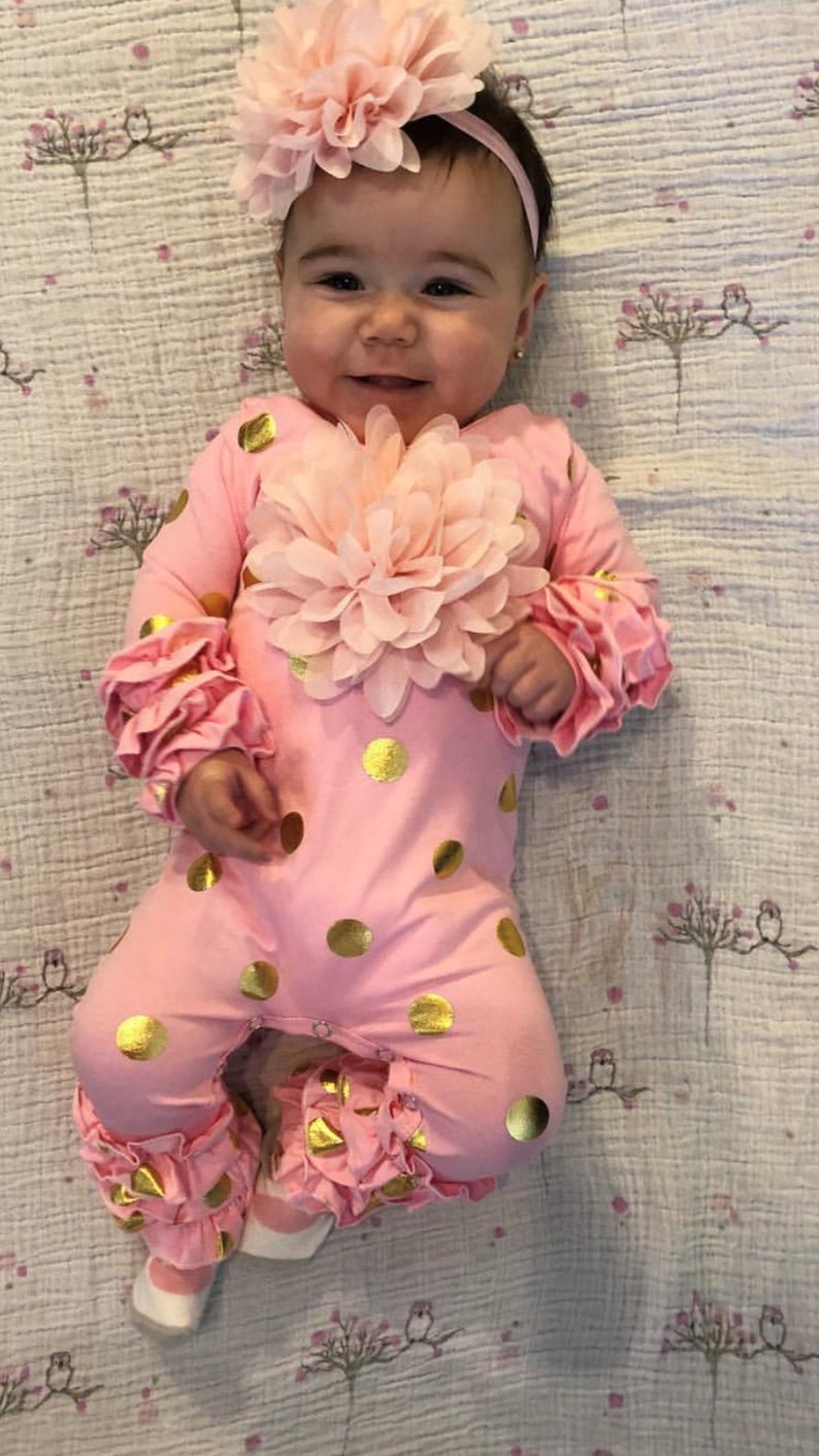 Pink and Gold Ruffle Infant Layette Cotton Baby Romper with | Etsy