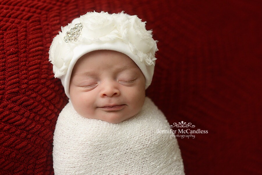 White Infant Baby Girl Beanie Hat With Chiffon and Rhinestone Heart - Etsy