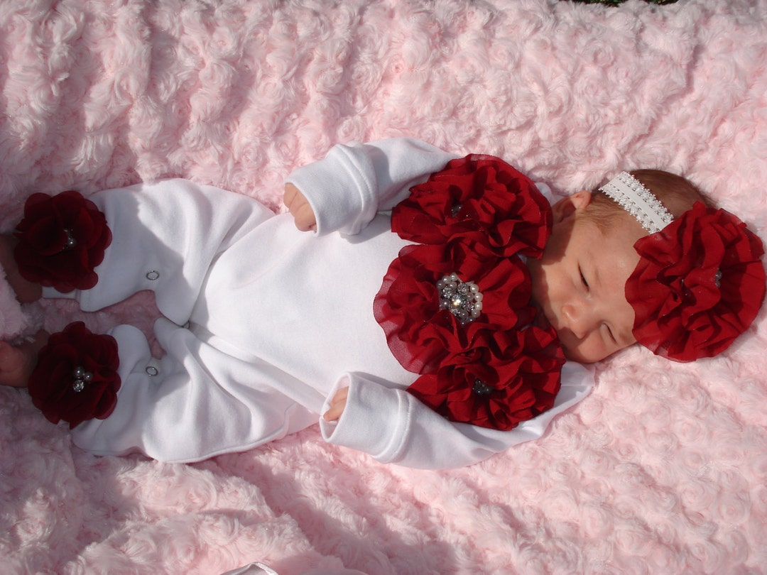 White Baby Girl Romper Set Infant One Piece Set With Burgundy Chiffon ...