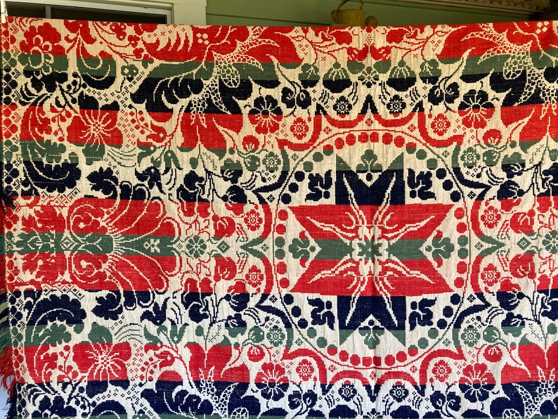 Antique Overshot Coverlet, Early Century, Wool Coverlet, 4 Colors, Red ...