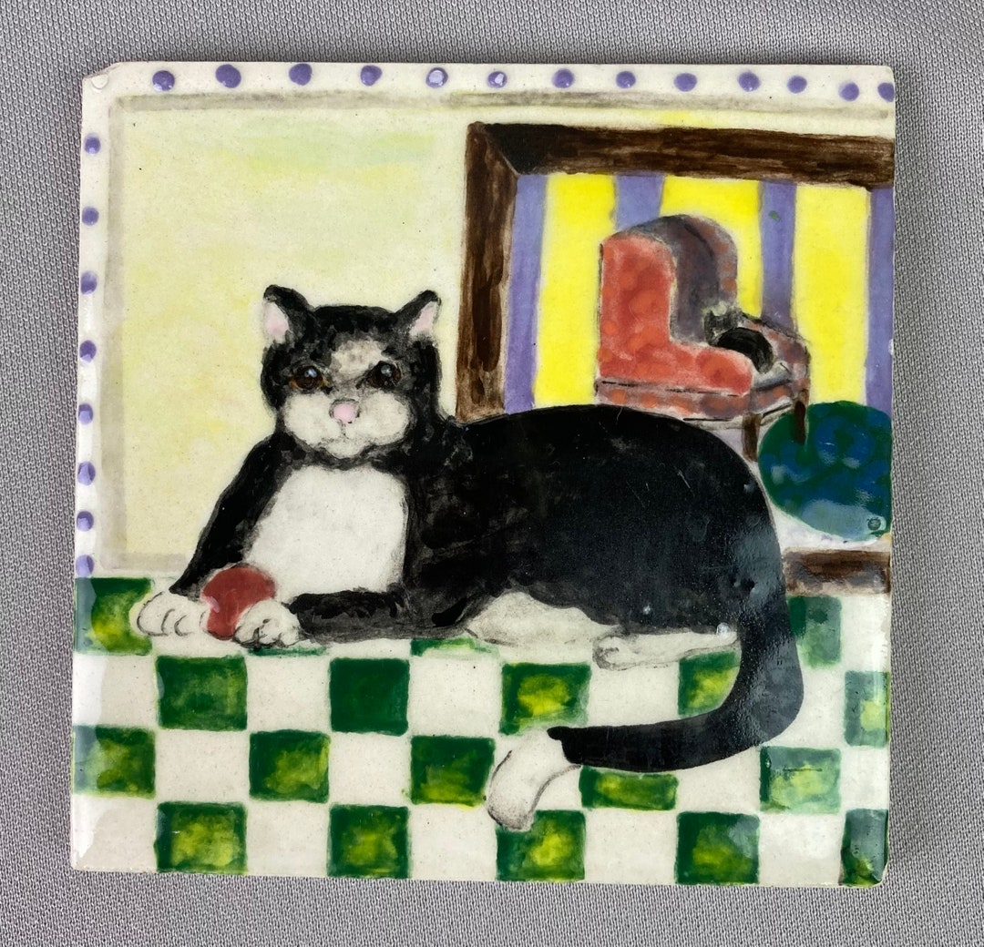 Vintage Hand Painted Tile, Black and White Kitty With Red Ball ...