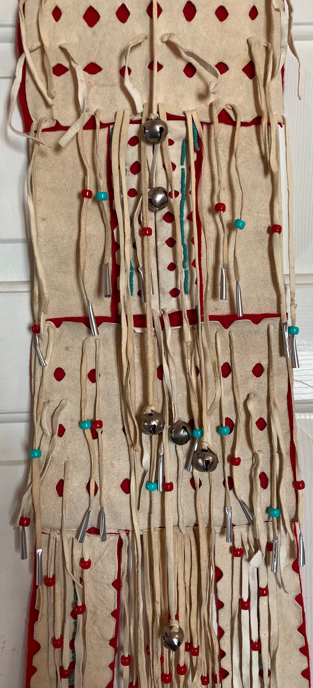 Vintage Native American, Dance Regalia, Buckskin Overlaid Onto Red Felt ...