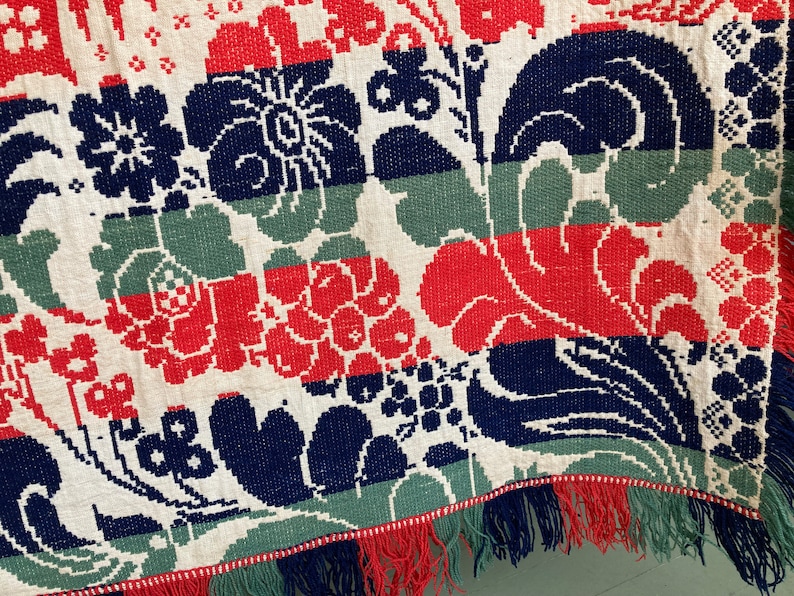 Antique Overshot Coverlet, Early Century, Wool Coverlet, 4 Colors, Red ...