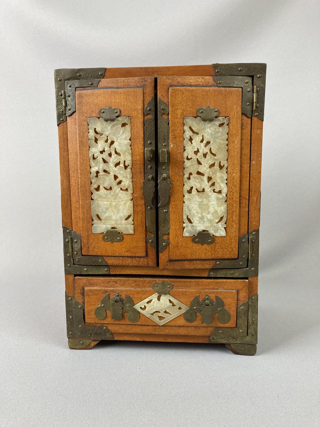 Very Vintage Chinese Jewelry Box, Rosewood W/ Carved White Jade Panels ...
