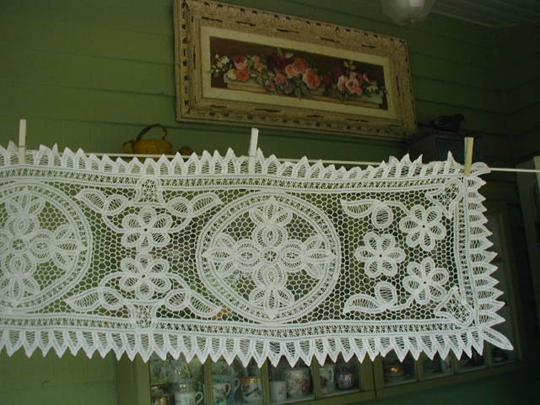 Vintage Fancy Battenburg Lace Table Runner, White Lace Table Runner, 14 ...