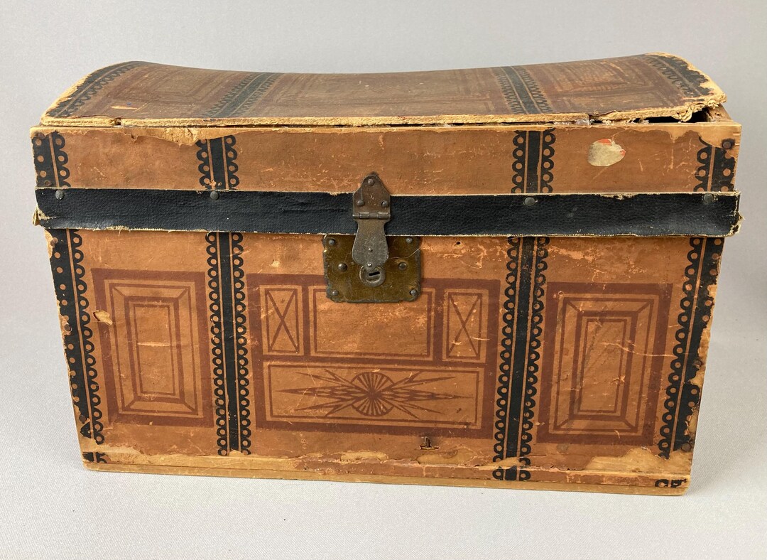 Antique Child's Doll Trunk, Wooden Trunk Covered W/ Paper, 8 1/2" Tall ...
