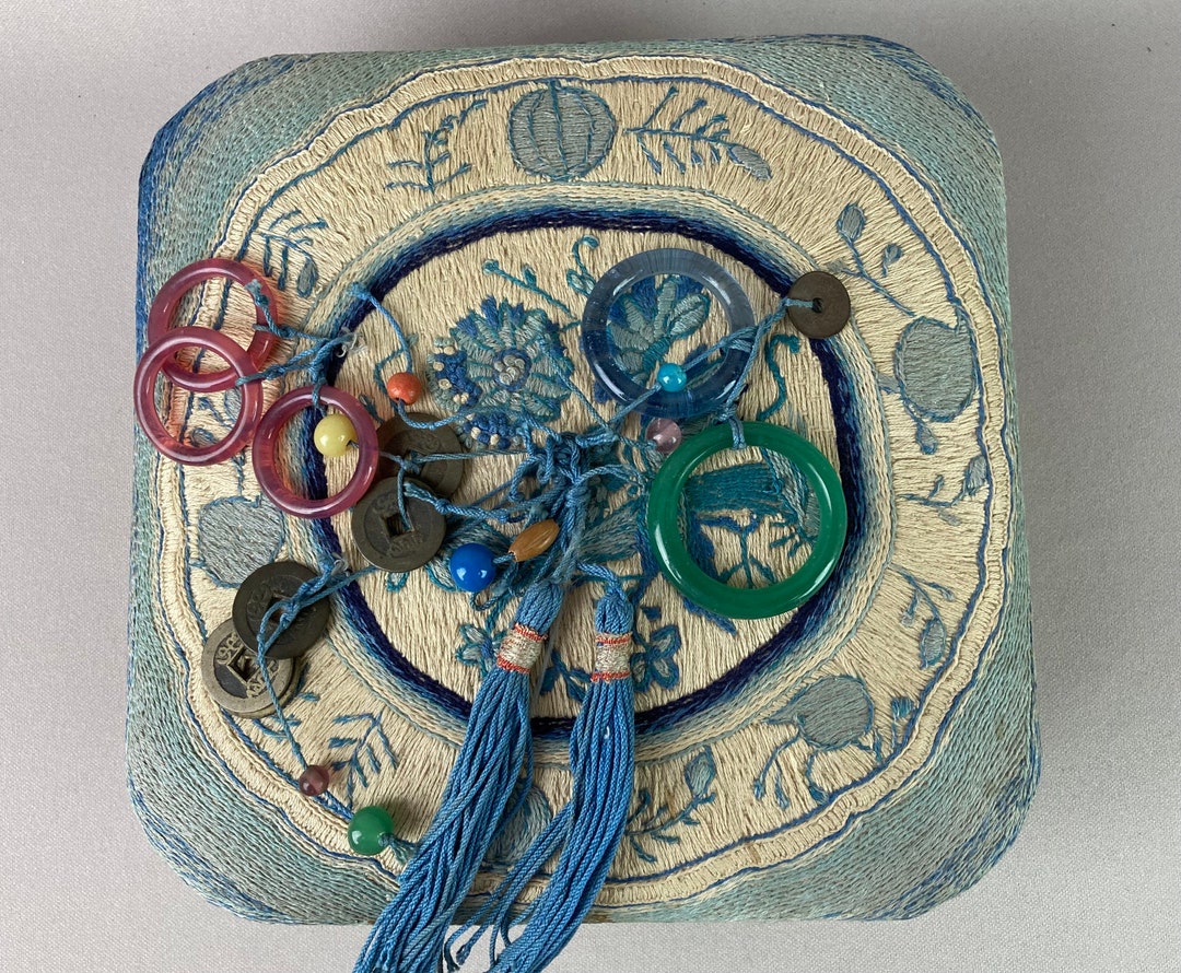 Very Vintage Chinese Embroidered Sewing Box, Blue and off White ...