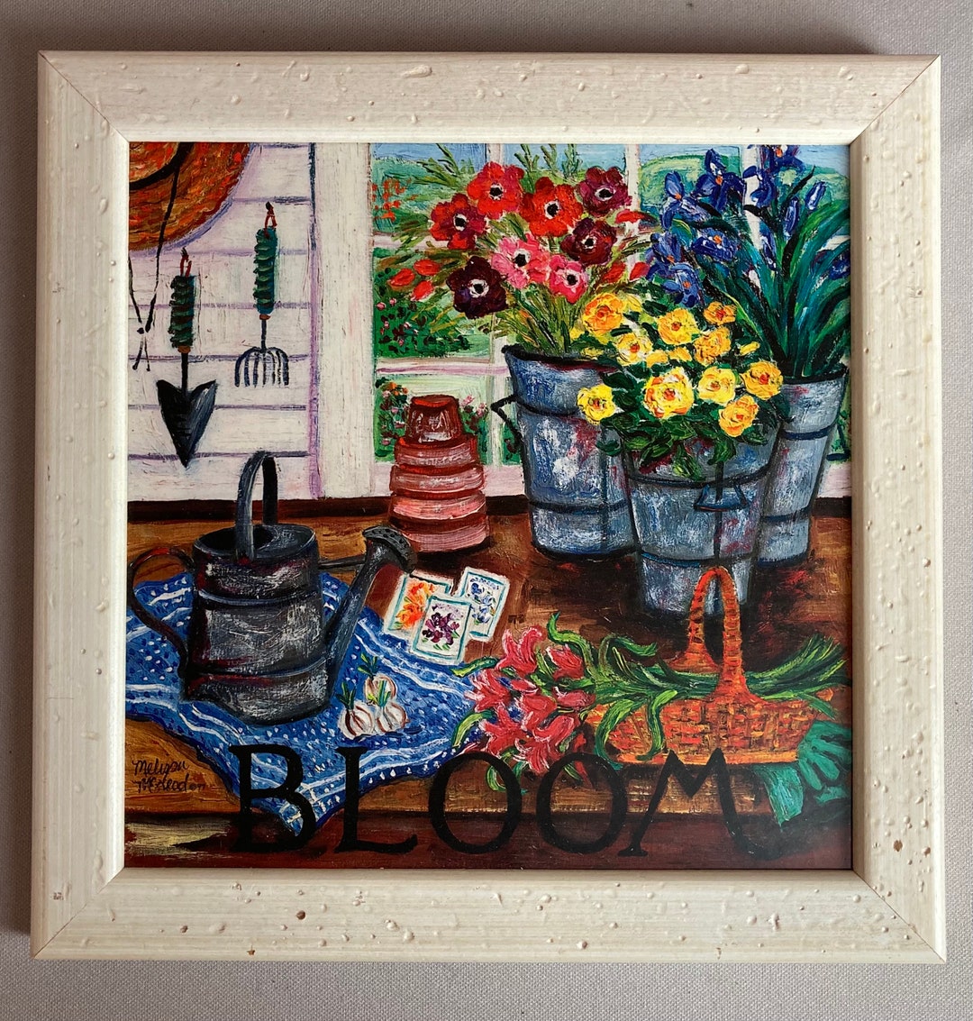 Vintage Framed Print, "bloom", Potting Shed With Buckets of Flowers ...