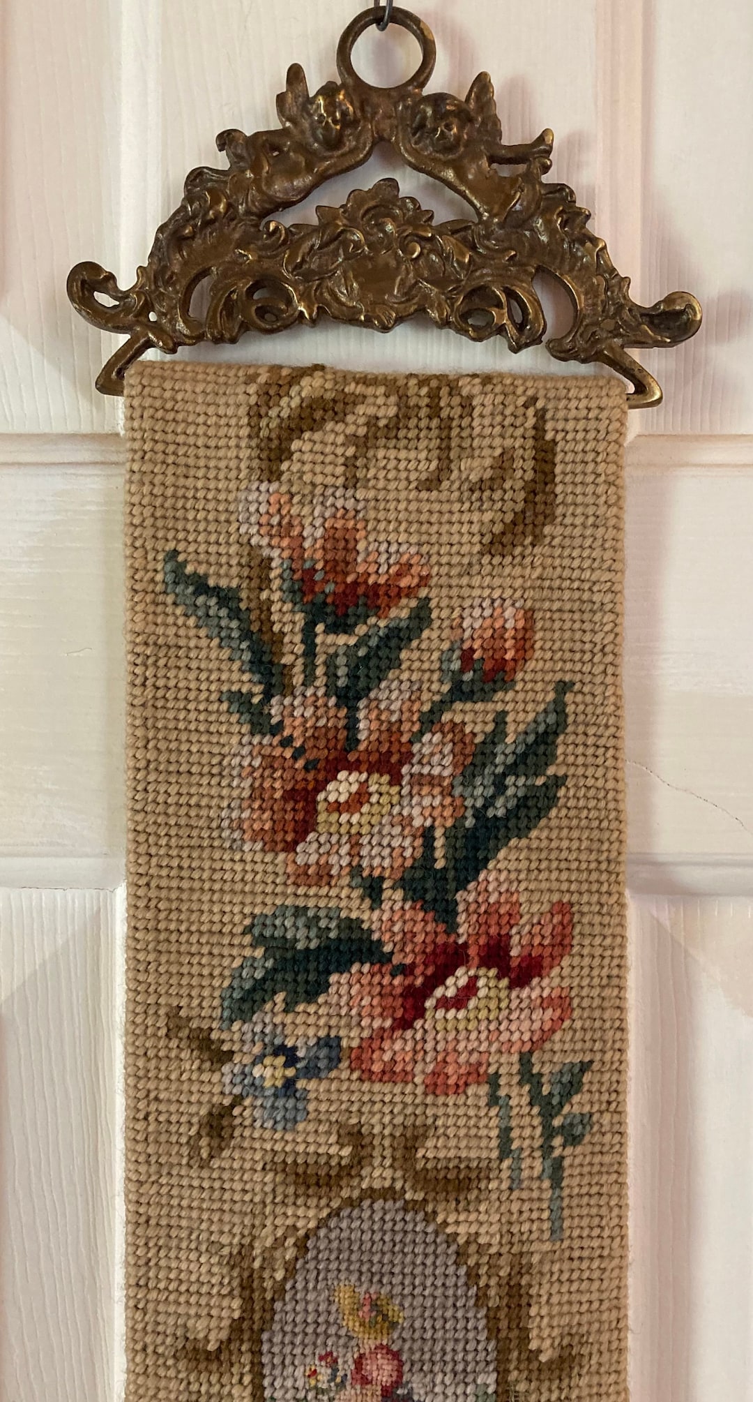 Vintage Needlepoint Bell Pull, Floral, Cameo With Little Girl Holding a ...