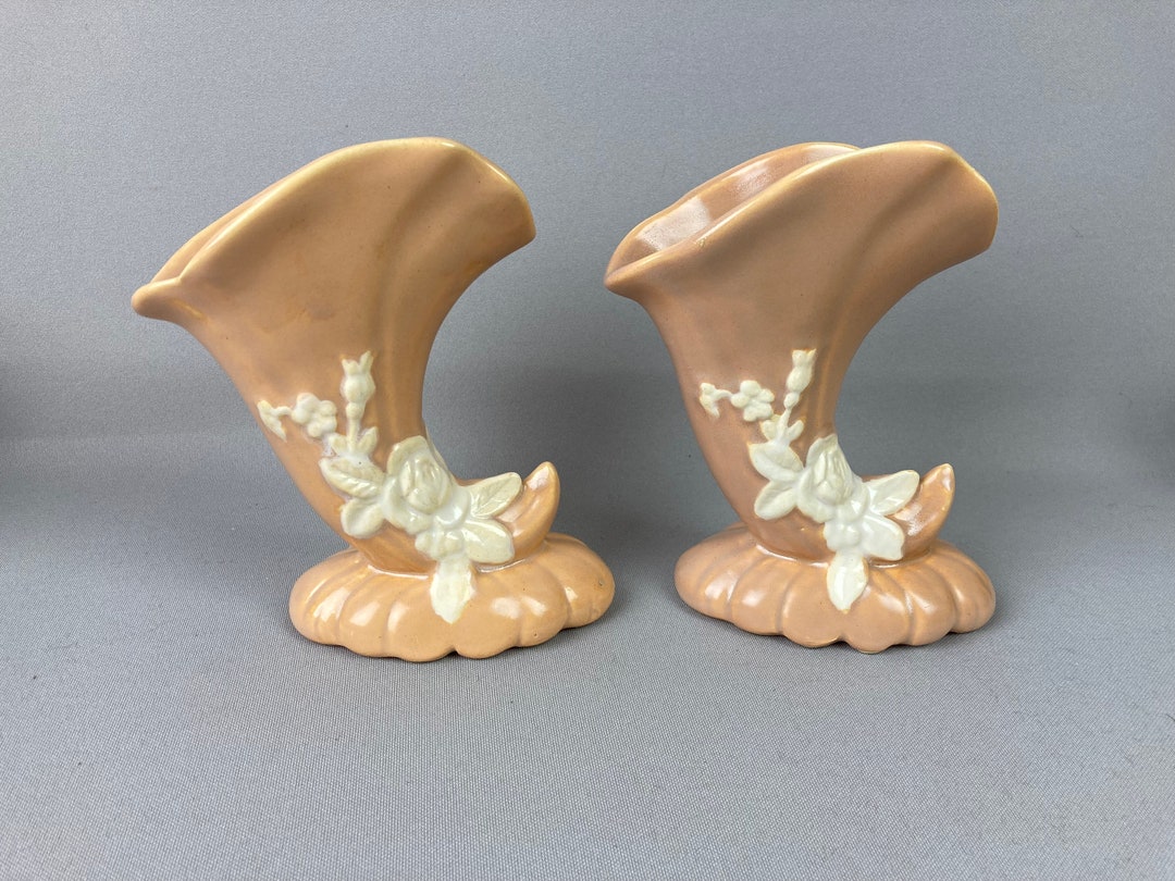 Vintage, Weller Vases, Peach With White Roses, Signed, Cornucopia Shape ...
