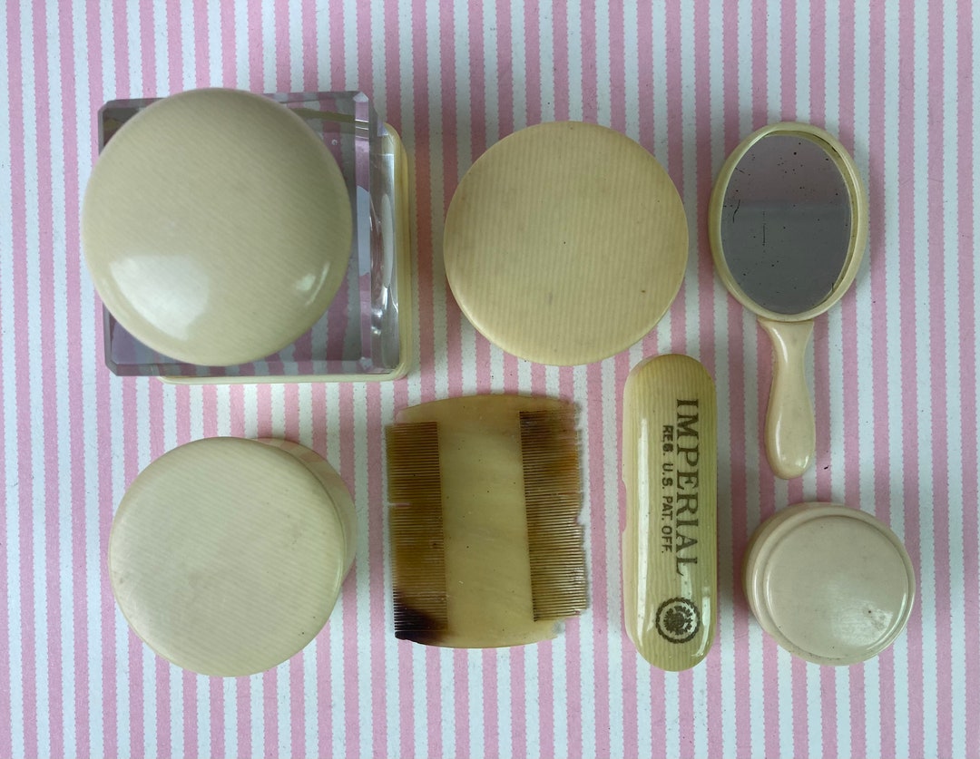 Vintage 1920's Dresser Boxes, Vanity Boxes, Celluloid, French Ivory, Ink Well, Powder Box, Comb ...