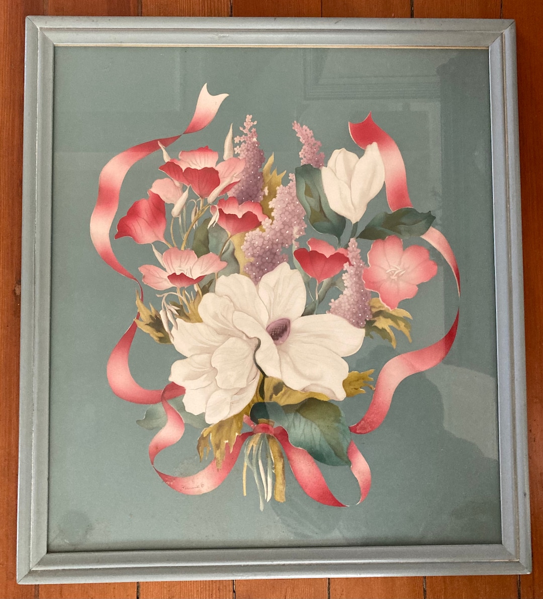 Vintage, Framed Print, 1940's Print, Bouquet of Flowers, Tied With Pink ...