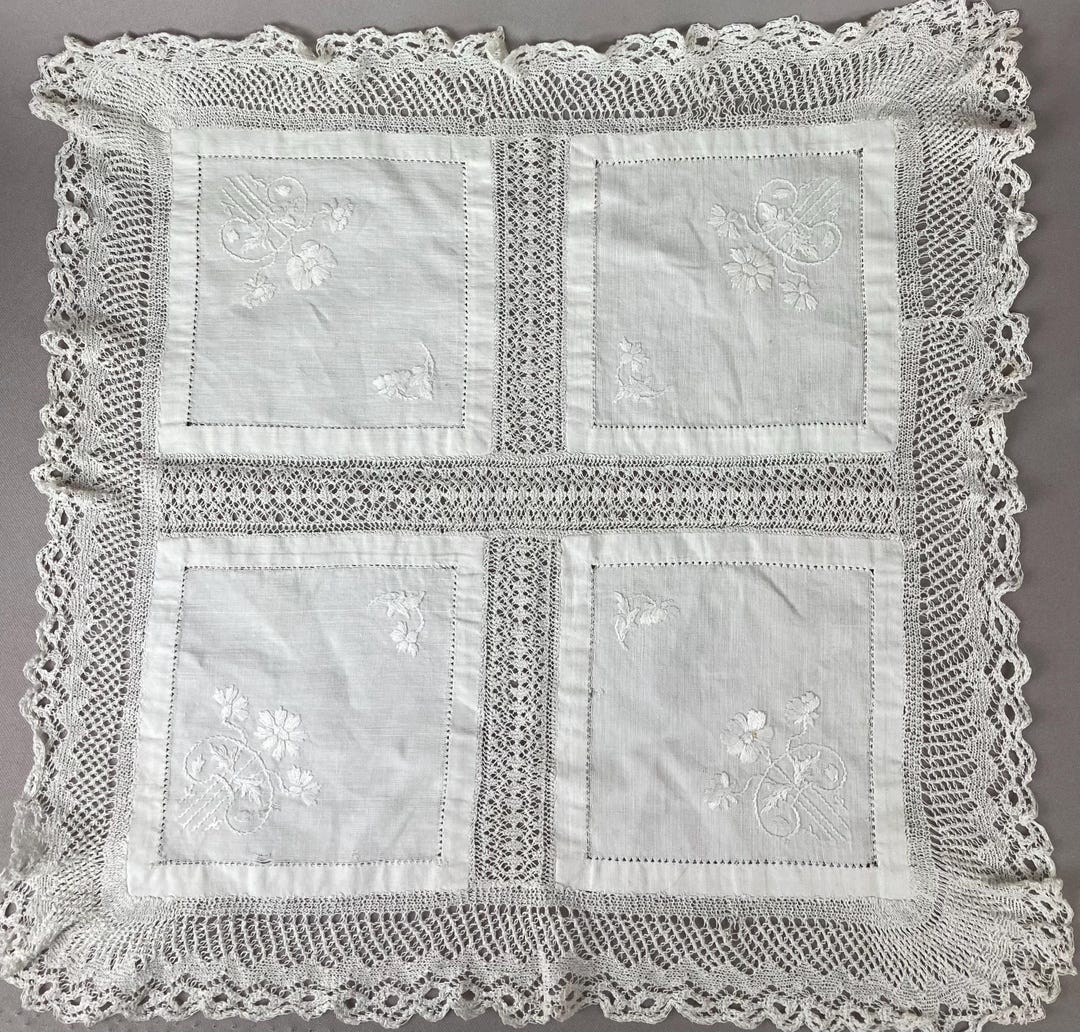 Vintage White Tea Tray Cloth or Table Topper, Hand Made, Hand ...