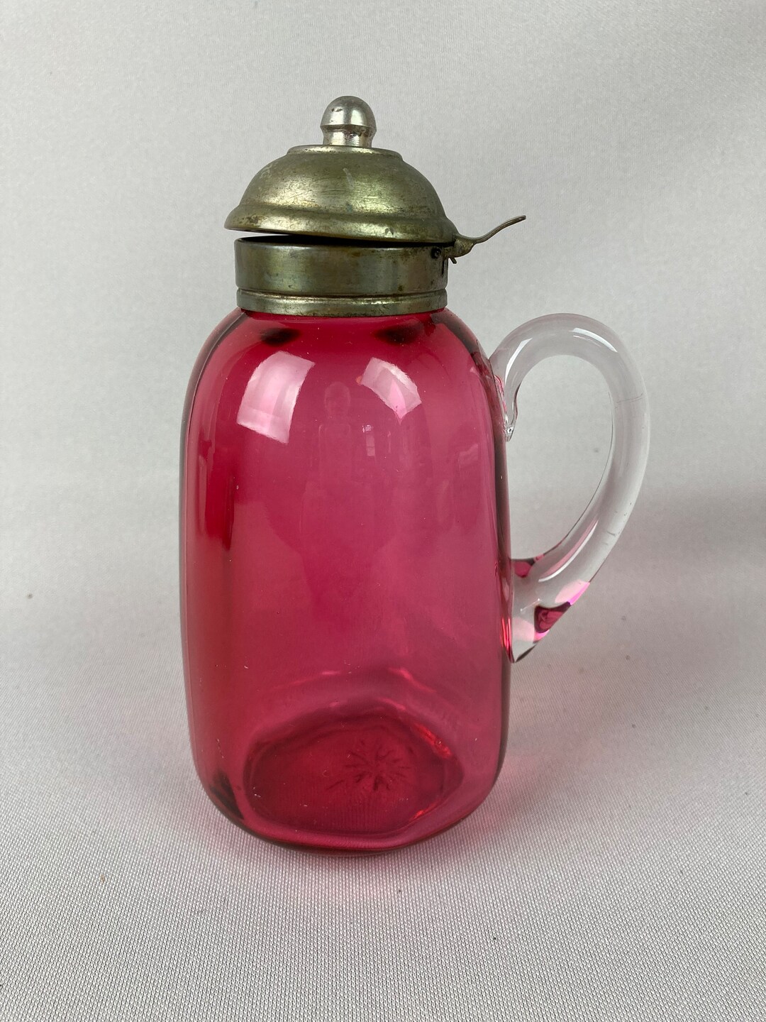 Antique, Cranberry Glass, Rubina, Syrup Pitcher, Hand Blown Glass, 7" Tall, Clear Glass Handle ...