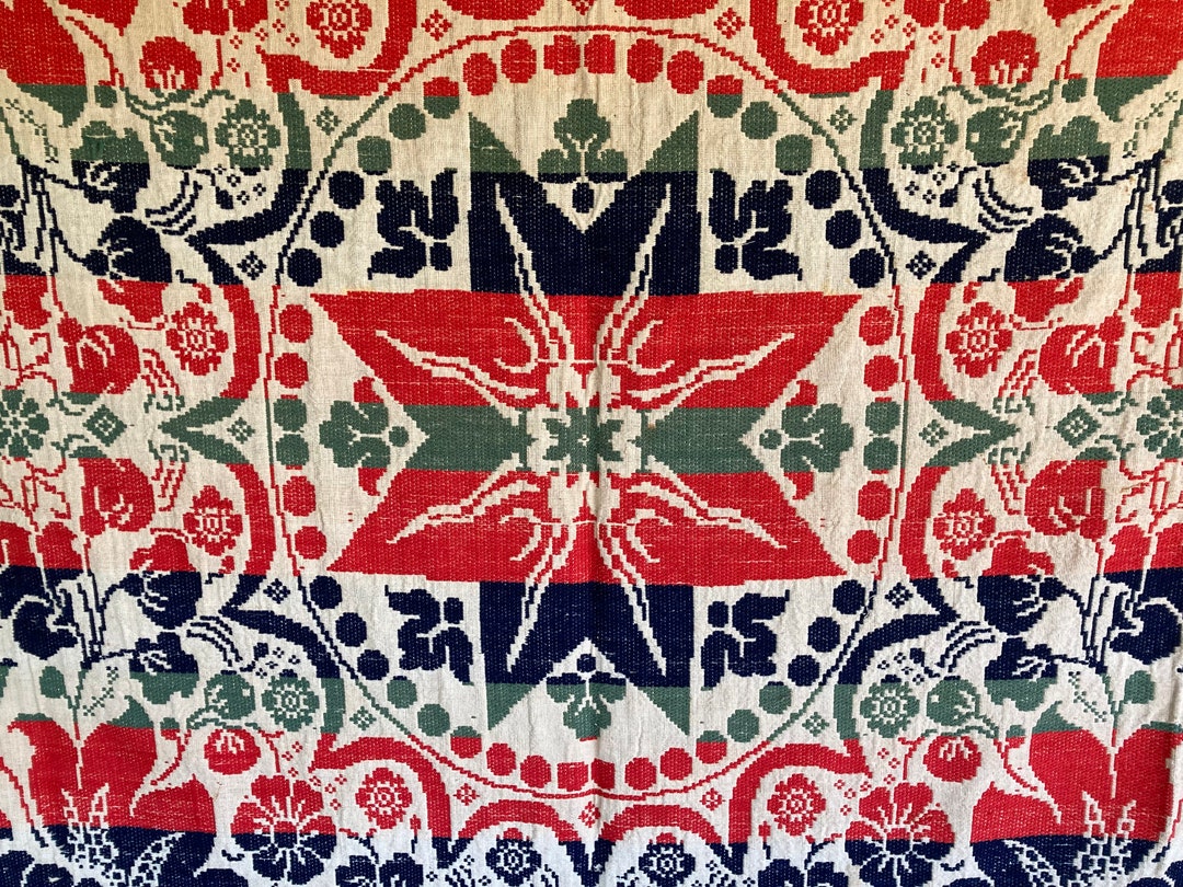 Antique Overshot Coverlet, Early Century, Wool Coverlet, 4 Colors, Red ...