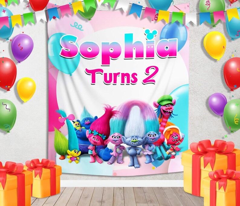 Trolls Birthday Party Banner Backdrop, Birthday Banner, Birthday ...