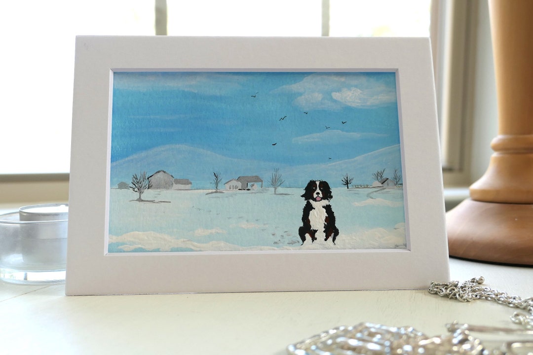 Small Original Watercolor Painting Doodle Dog Art on Farm Winter Scene ...