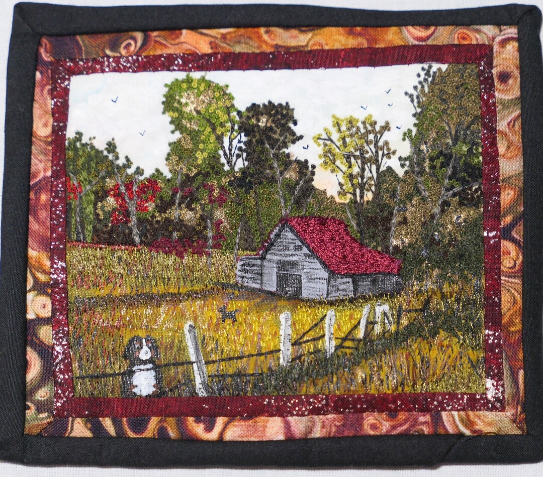 Small Art Quilt: Farm Scenery With Dogs, Handmade Fiber Art - Etsy