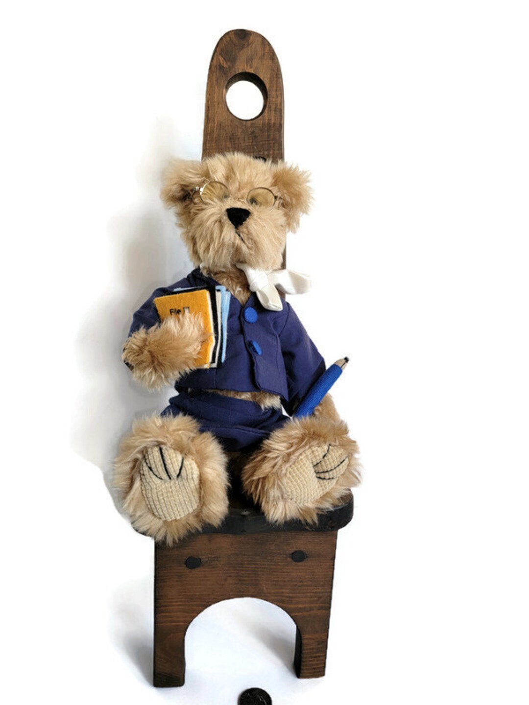 Vintage Wooden Doll Chair With Bear Dressed for Office Librarian Lawyer ...