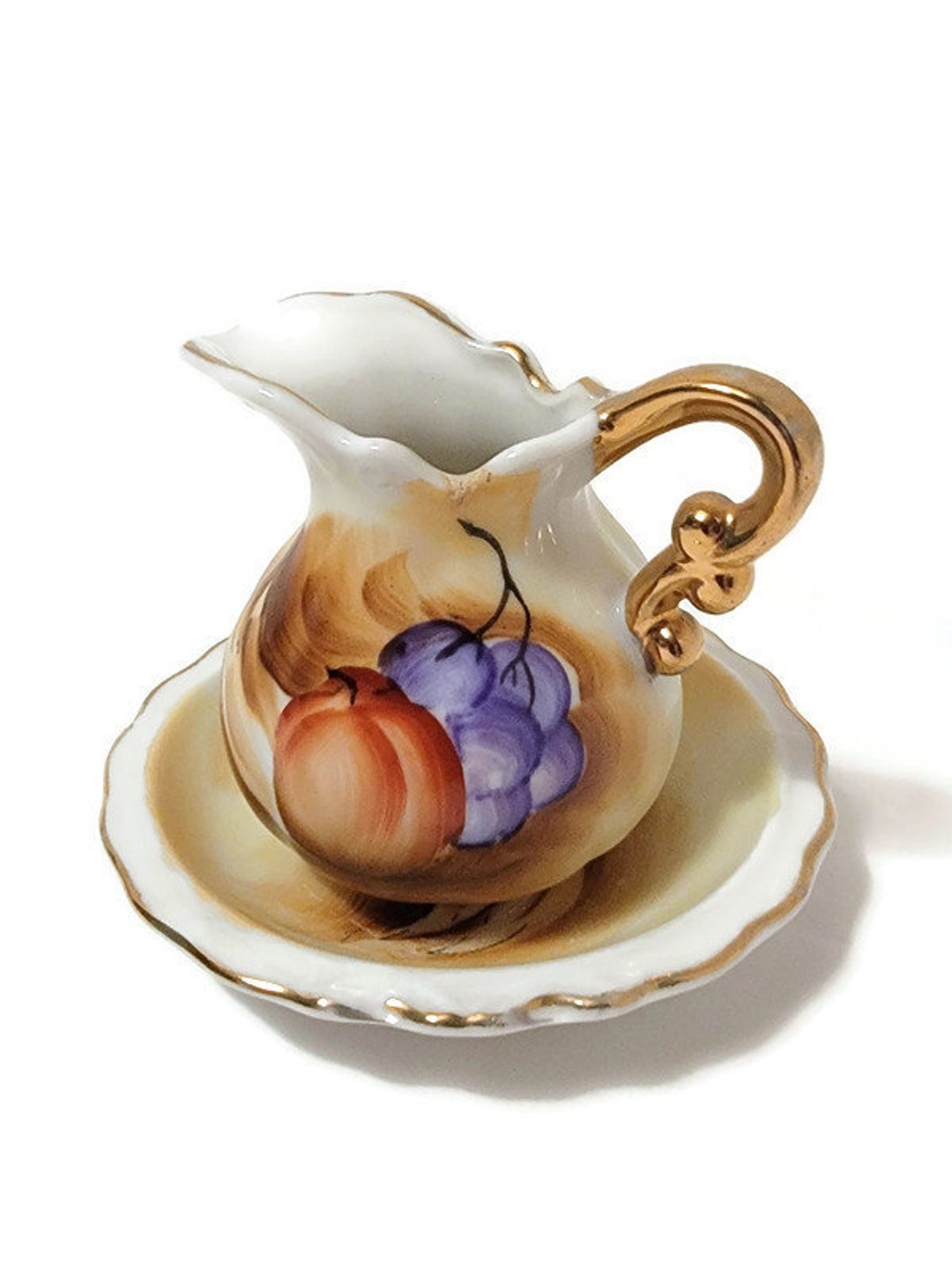 Vintage Miniature Hand Painted Pitcher and Wash Basin Saucer for Doll ...