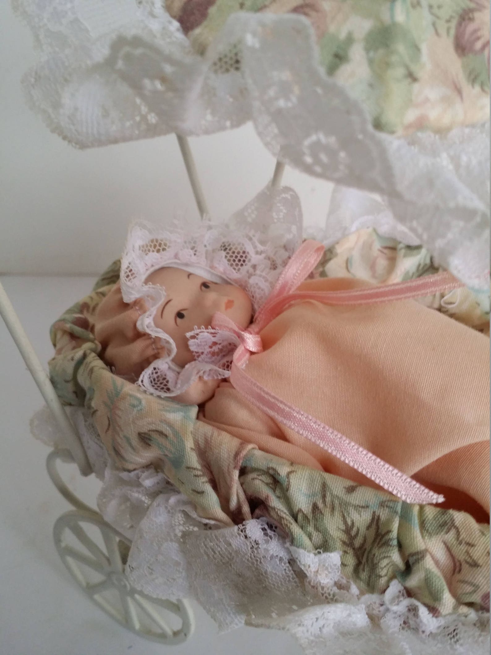 Vintage Miniature Doll Buggy and Porcelain Baby Doll Victorian Baby ...
