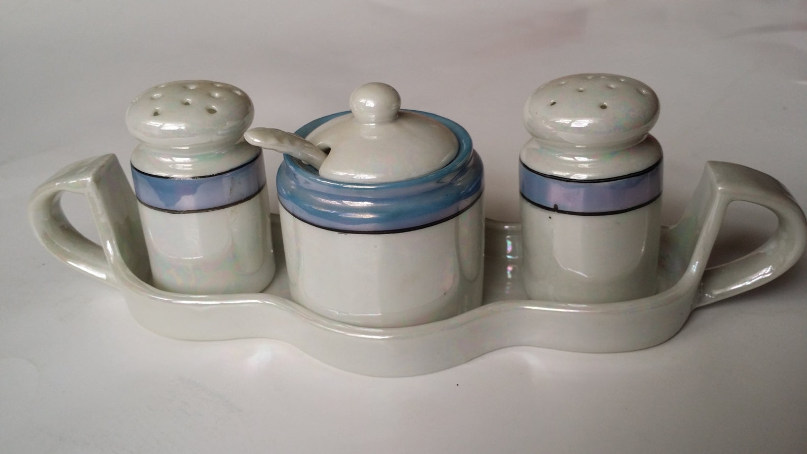 Vintage White and Blue Lusterware Condiment Set, Six Piece Condiment ...