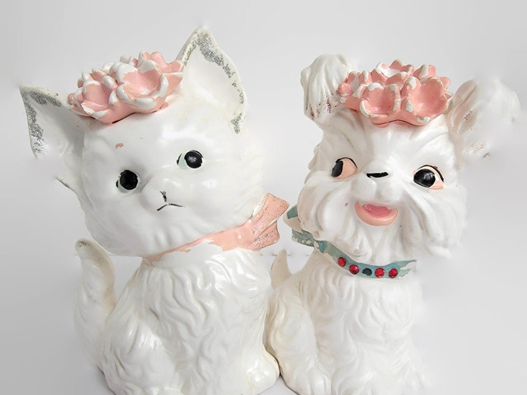Pair of Rare Vintage White Kitten and Puppy Coin Banks With Coral/pink ...