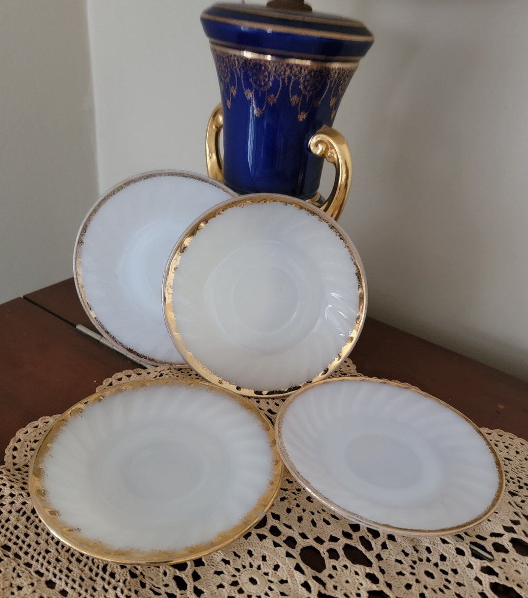 Fire King Swirl Shell Saucers Vintage Oven Ware Gold Rimmed Anchor ...