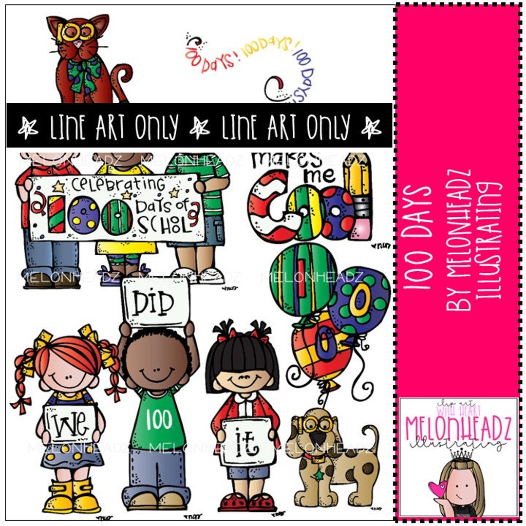 100 Days of School Clip Art - LINE ART - Digi Stamps - Etsy