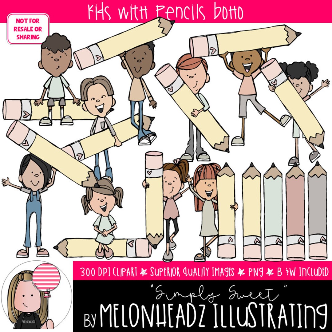 Kids With Pencils Clip Art Digi Stamps "simply Sweet" BOHO Style - Etsy