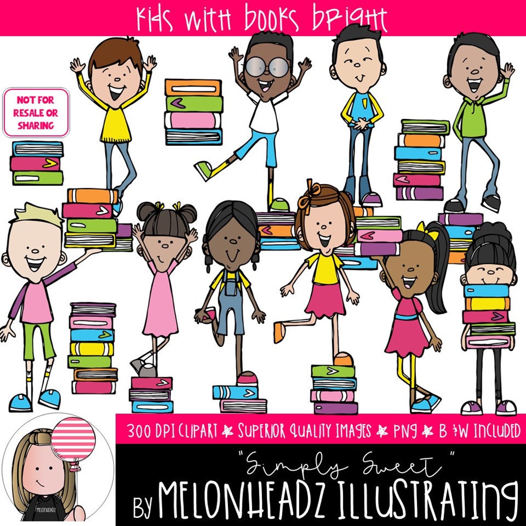 Kids With Books Clip Art Digi Stamps "simply Sweet" BRIGHT Style - Etsy