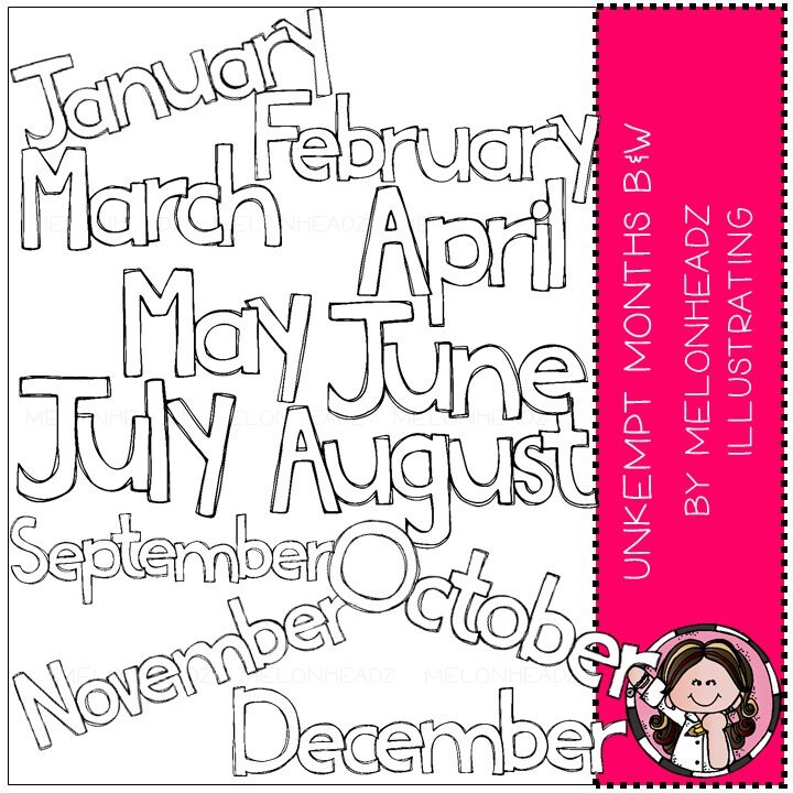 Umkempt Months of the Year Clip Art - BLACK and WHITE - Etsy