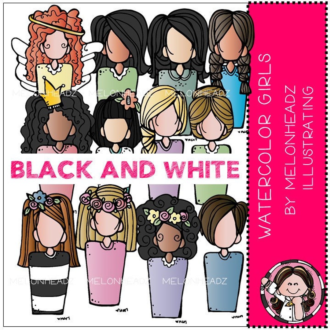 Watercolor Girls Clip Art - BLACK AND WHITE - Etsy