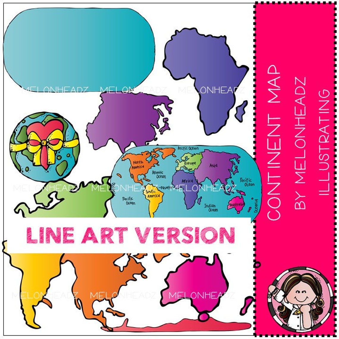Continent Map Clip Art LINE ART - Etsy