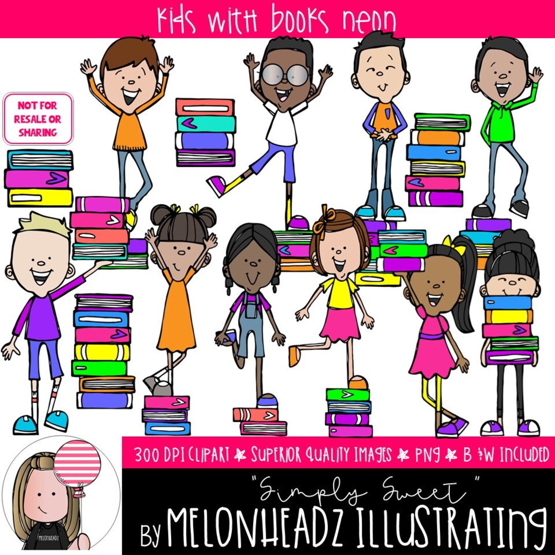 Kids With Books Clip Art Digi Stamps "simply Sweet" NEON Style - Etsy