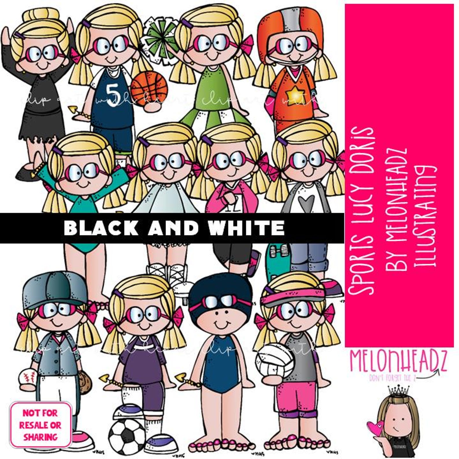Sports Clip Art, Lucy Doris, Melonheadz Characters BLACK AND WHITE - Etsy