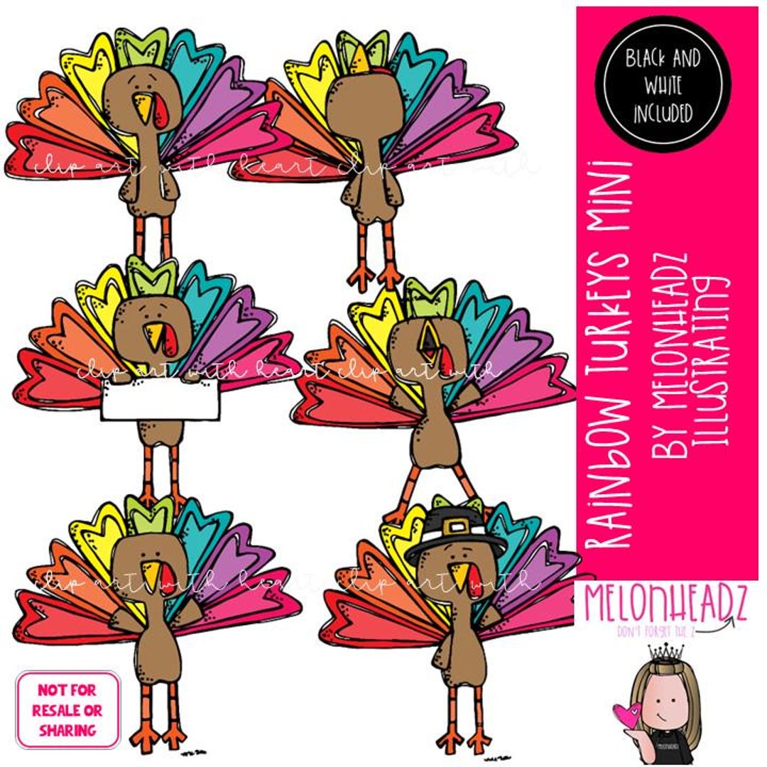 Rainbow Turkeys Clip Art Digi Stamp Mini - Etsy
