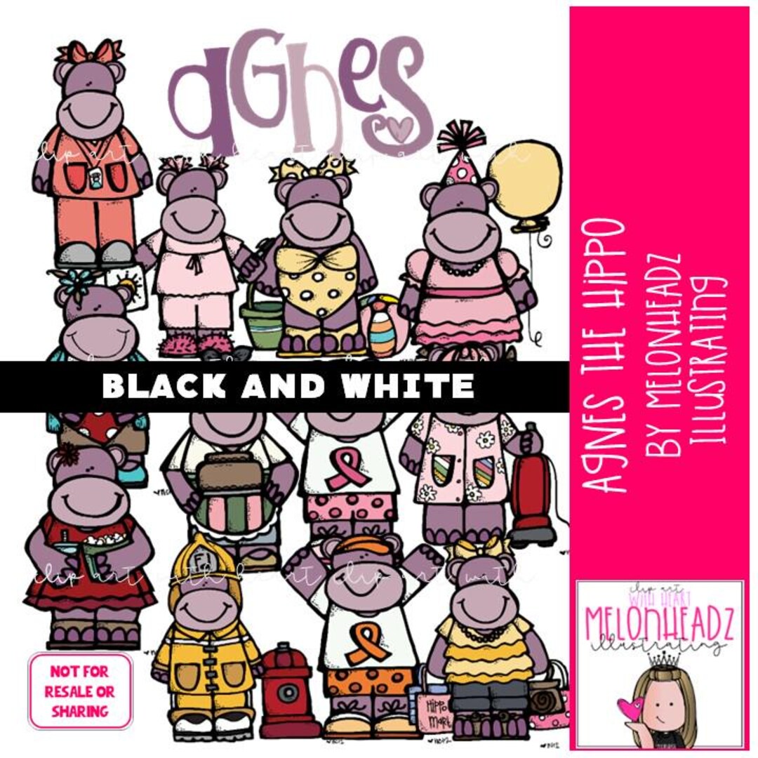 Hippo Clip Art Digi Stamps Agnes LINE ART and Black and White - Etsy