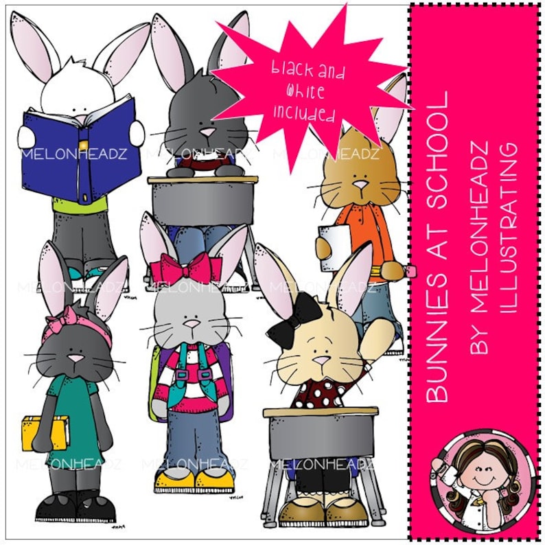 Bunnies Clip Art at School Mini - Etsy