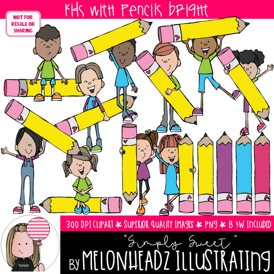 Kids With Pencils Clip Art Digi Stamps "simply Sweet" BRIGHT Style - Etsy