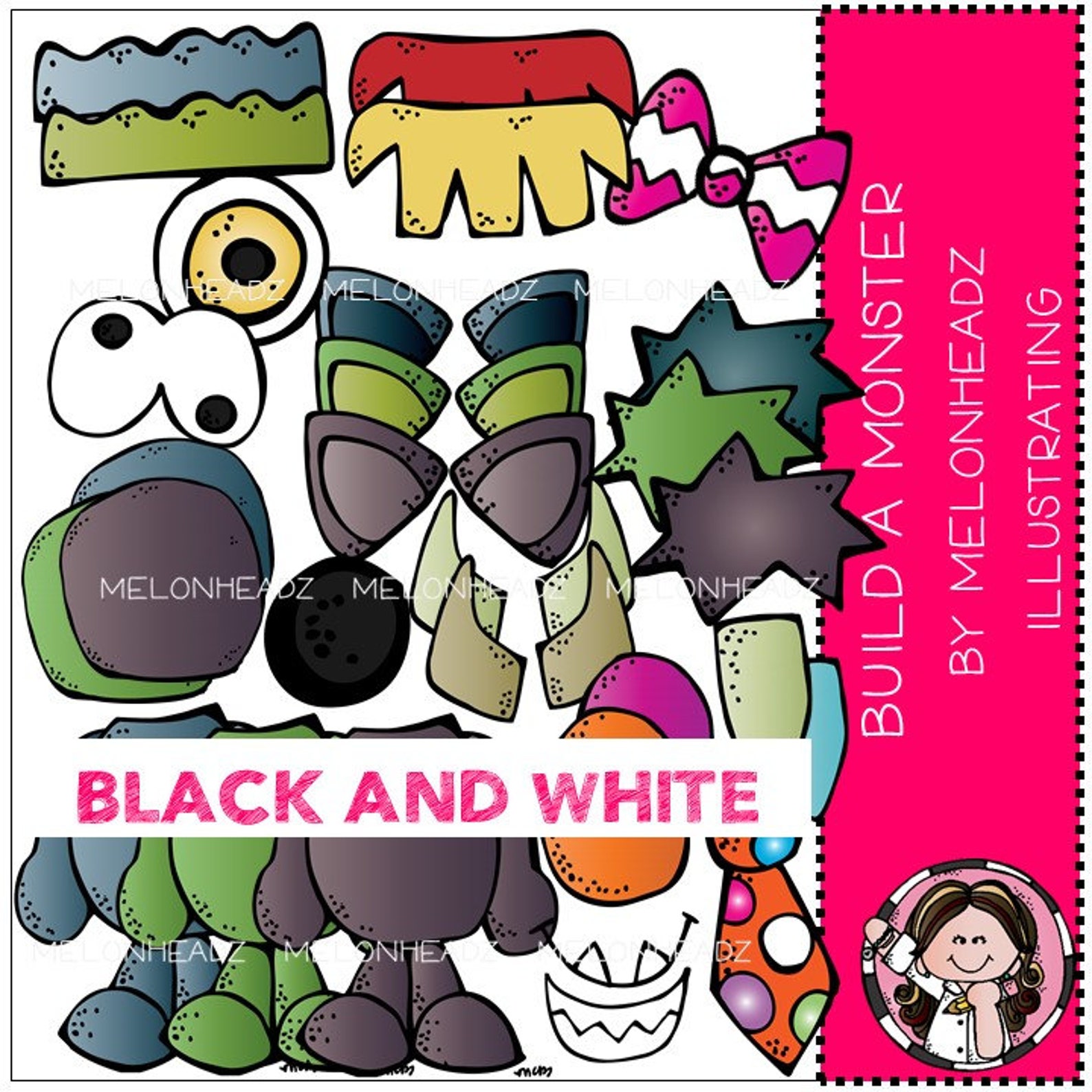 Build a Monster Clip Art BLACK AND WHITE - Etsy